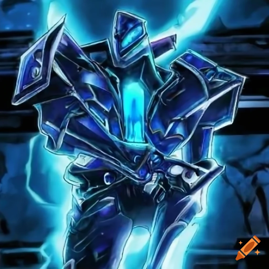 Cyborg blue neon warrior in yugioh card art on Craiyon