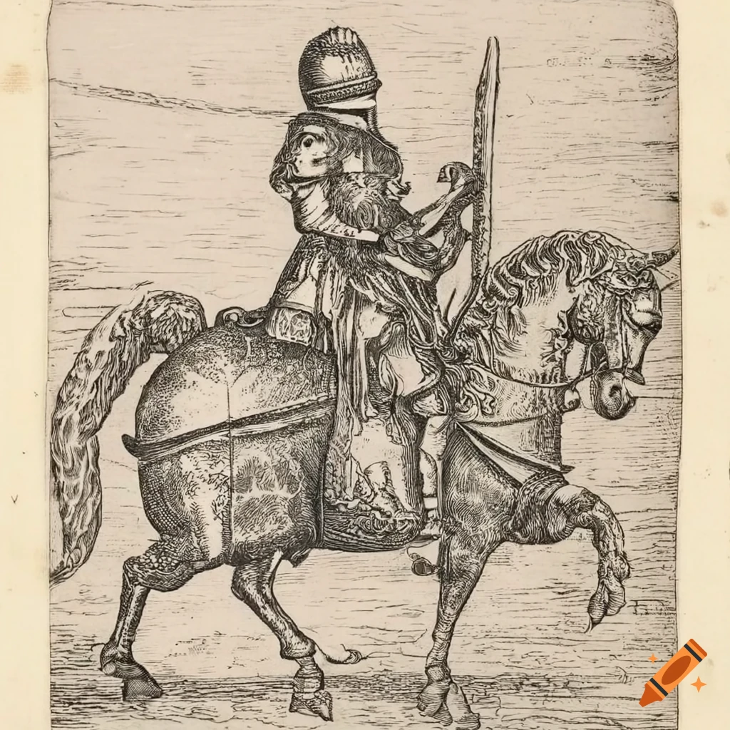 Intricate black and white etching of a knight on horseback on Craiyon