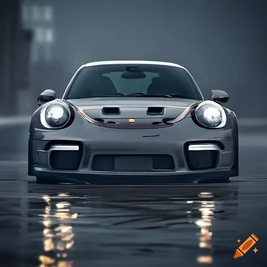 Dark gray Porsche 911 GT3 RS with black wheels in a city setting on Craiyon