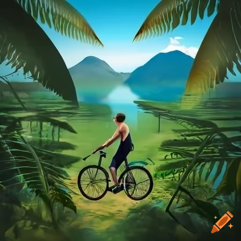 Realistic man riding a bicycle in a tropical landscape with distant ...