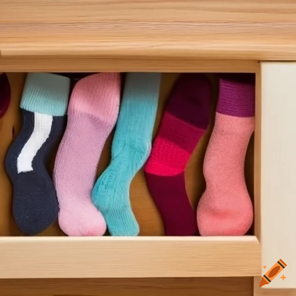 Bunch of socks on wooden drawer in minimalist design on Craiyon