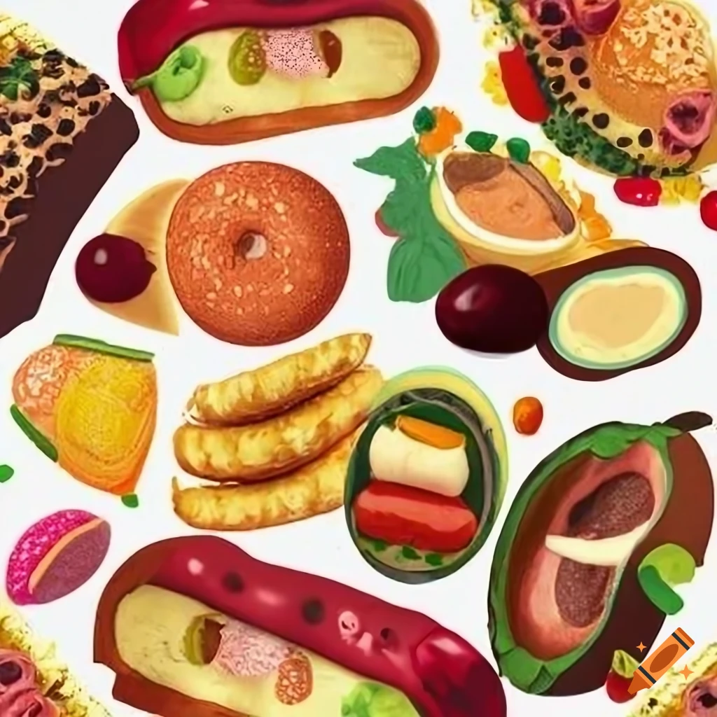 Collage of various foods in digital art form on Craiyon