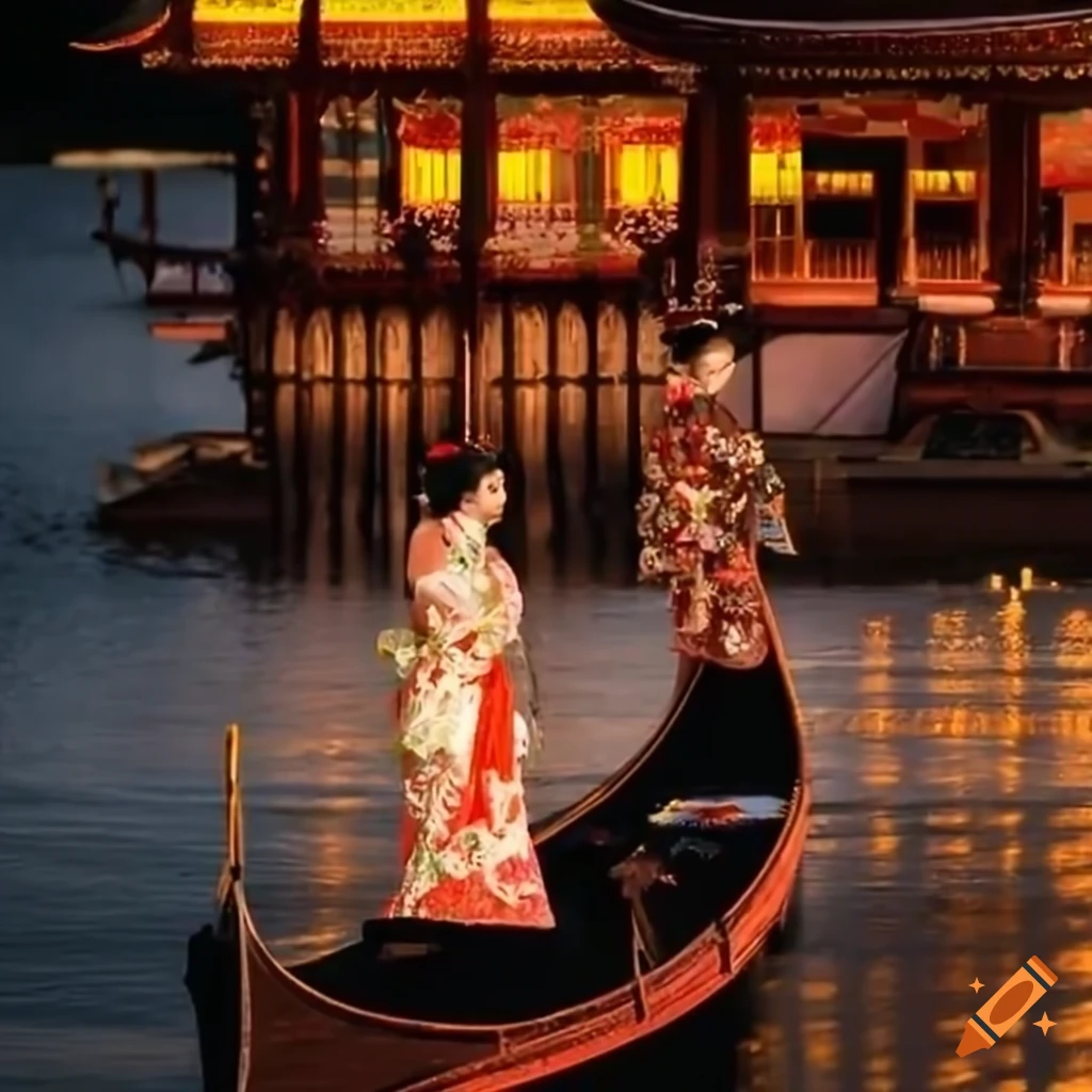 Elaborate japanese wedding ceremony on a gondola over water at twilight ...