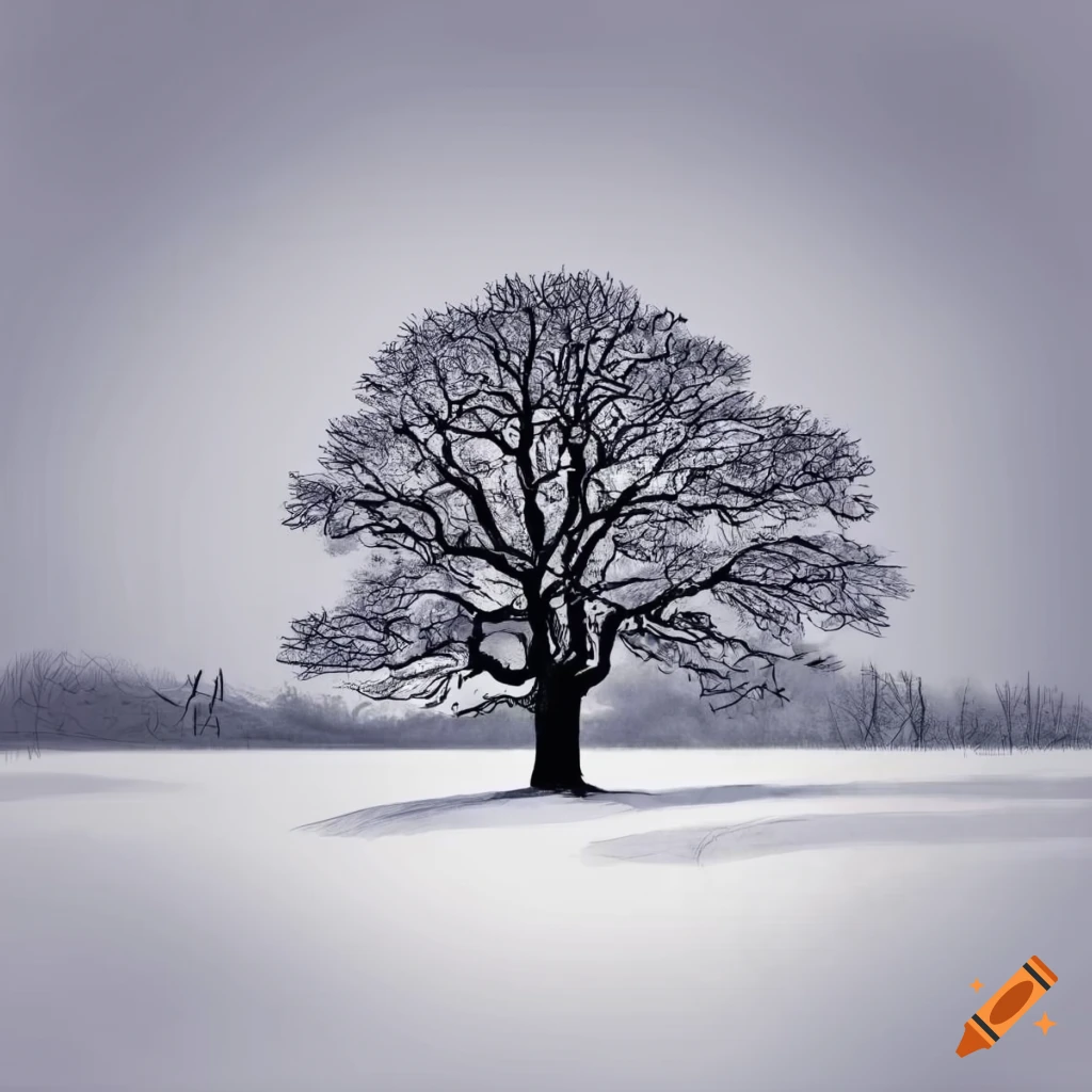 Line drawing of oak tree in a winter field on Craiyon