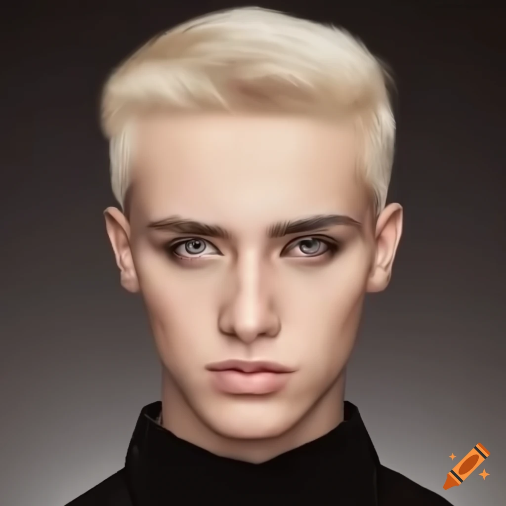 Portrait of a man with blonde hair, black roots, well-marked jawline ...