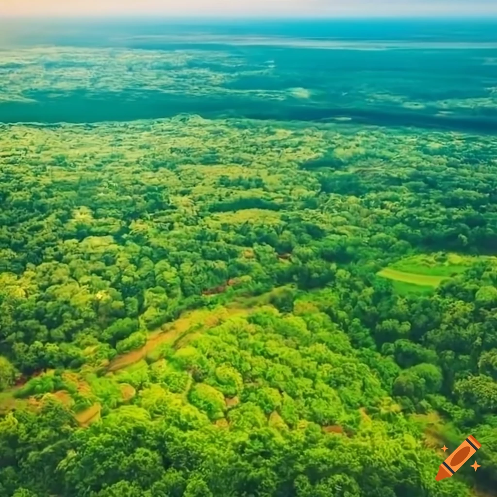Aerial view of a lush tropical farmland with panoramic scenery on Craiyon