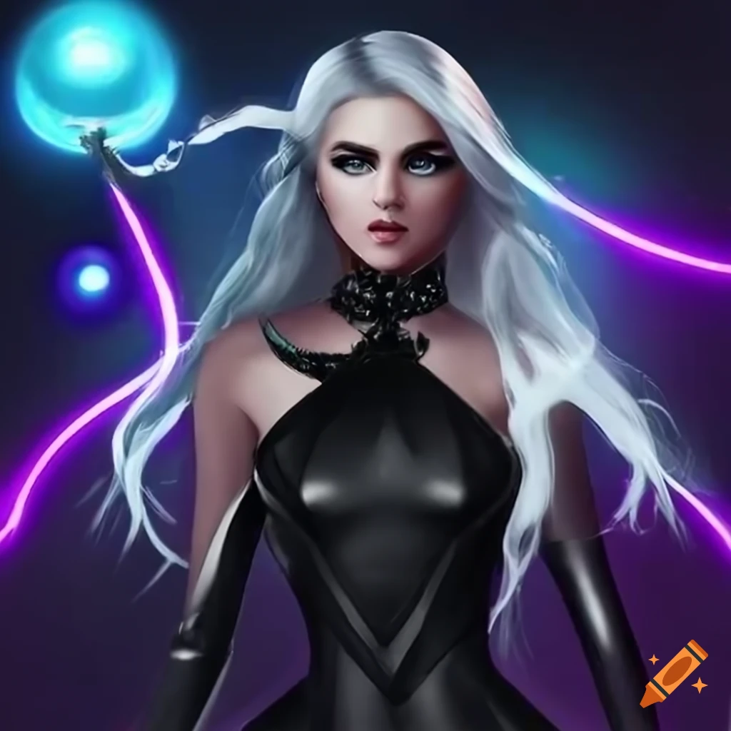 Dark villain girl in black dress with glowing blue orb and neon krypton gas on Craiyon