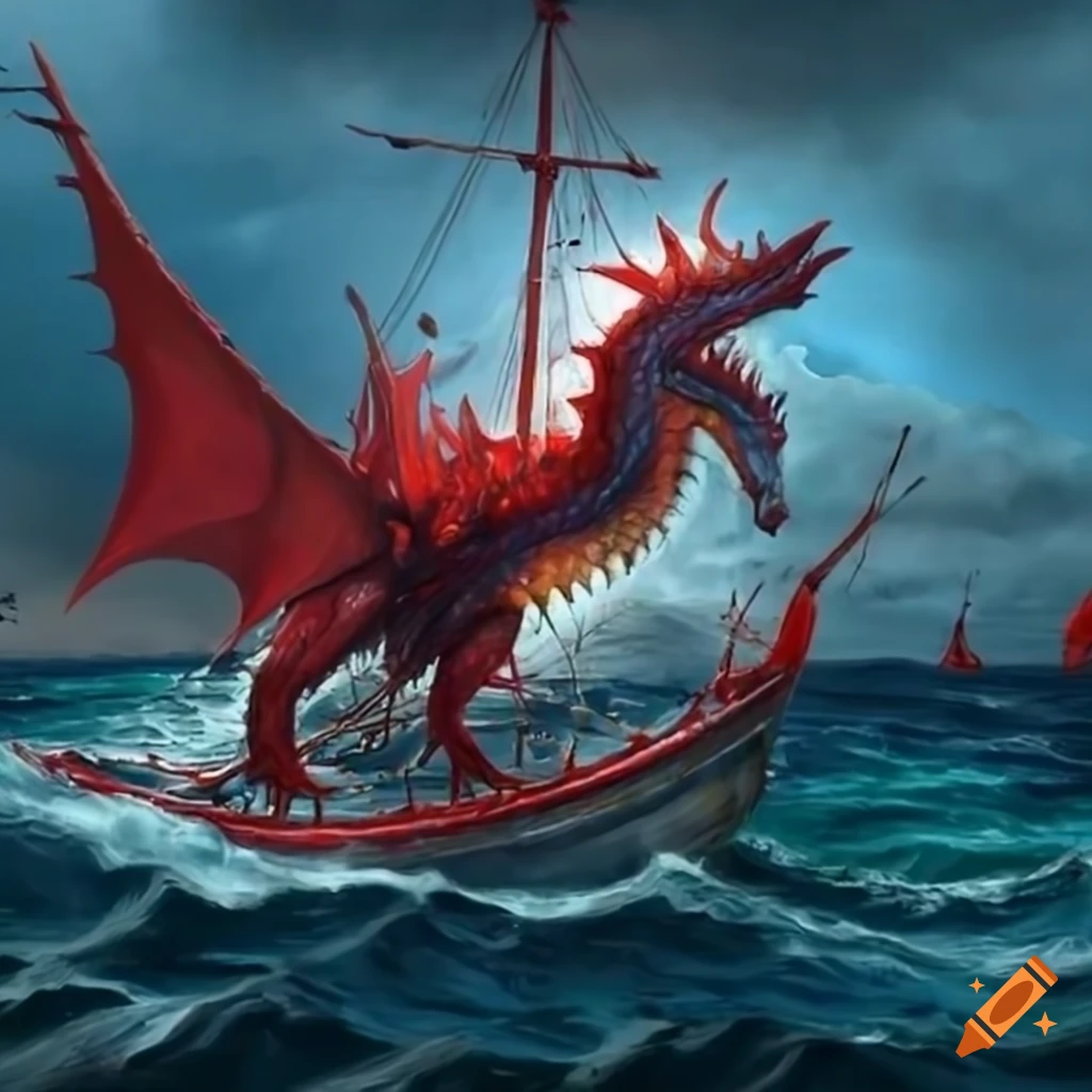 Red dragon attacking a ship at sea on Craiyon