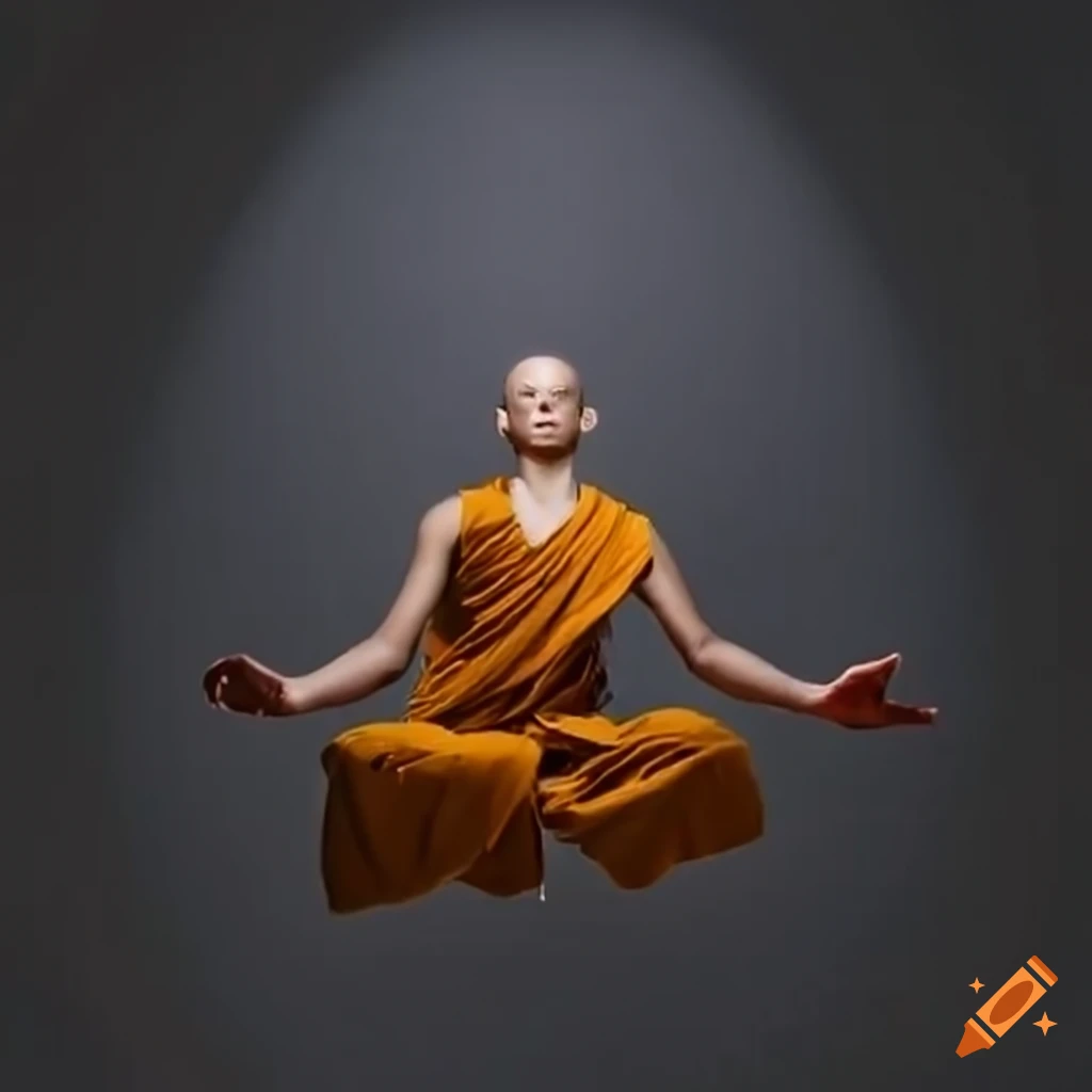 Spiritual monk meditating in black empty space with soft illumination ...