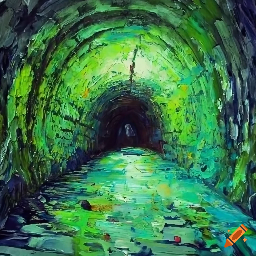 Abstract underground sewer with green splatter paint and beams of light ...