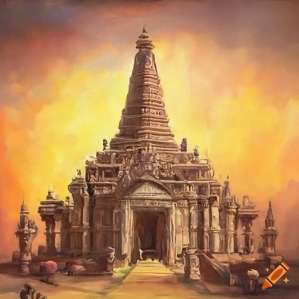 Painting of a sacred temple with multiple towers in the style of thomas ...