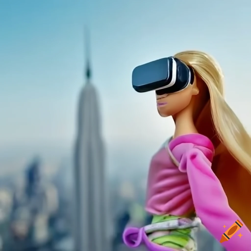 Barbie doll with vr headset on motorbike atop skyscraper on Craiyon