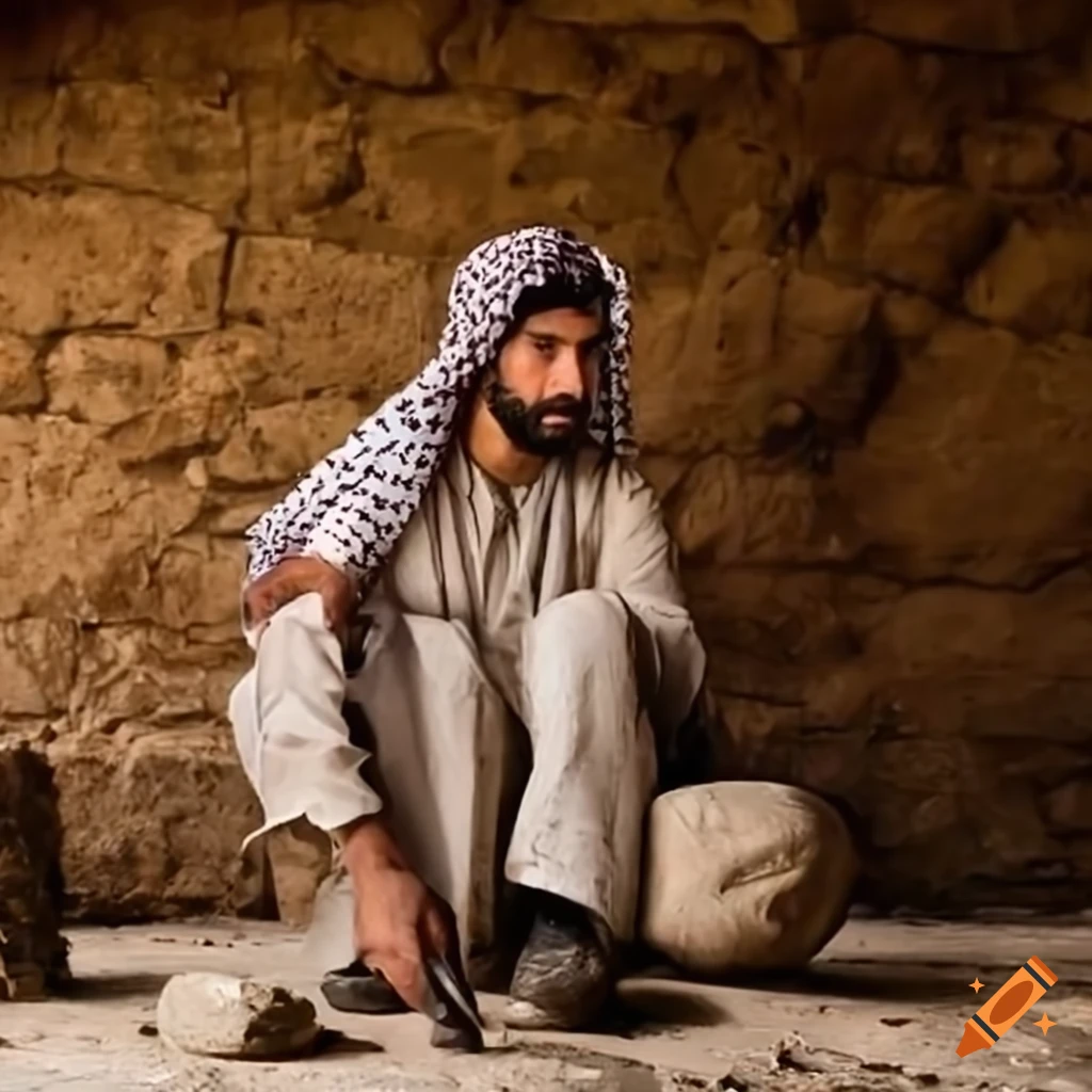 Skilled young middle eastern man working with chisels on stones to ...