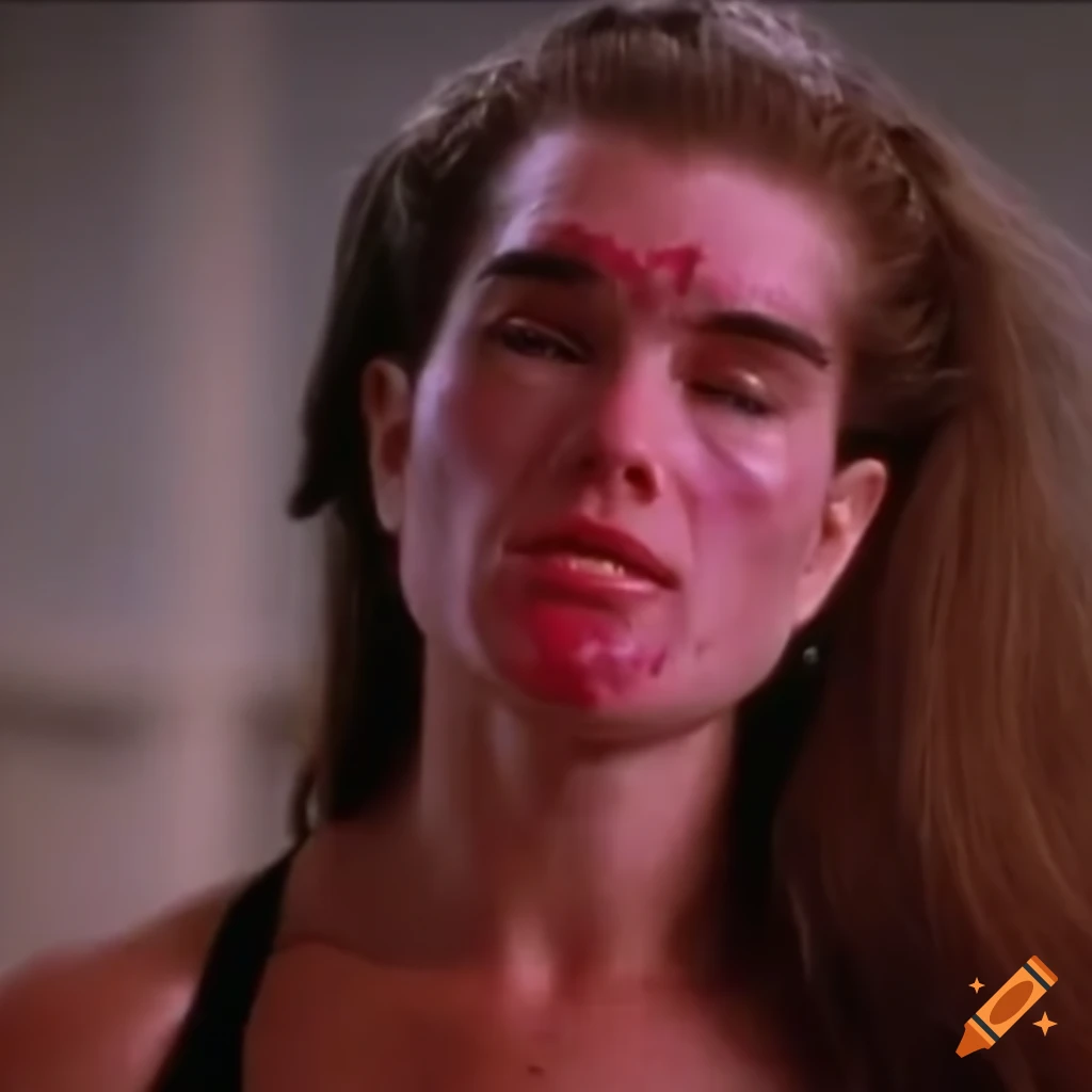 Brooke shields in a martial arts scene from an 80s movie with a bruised ...