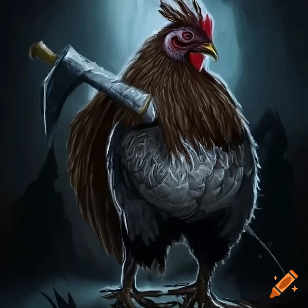 Gothic drawing of a chicken with a battle axe on Craiyon