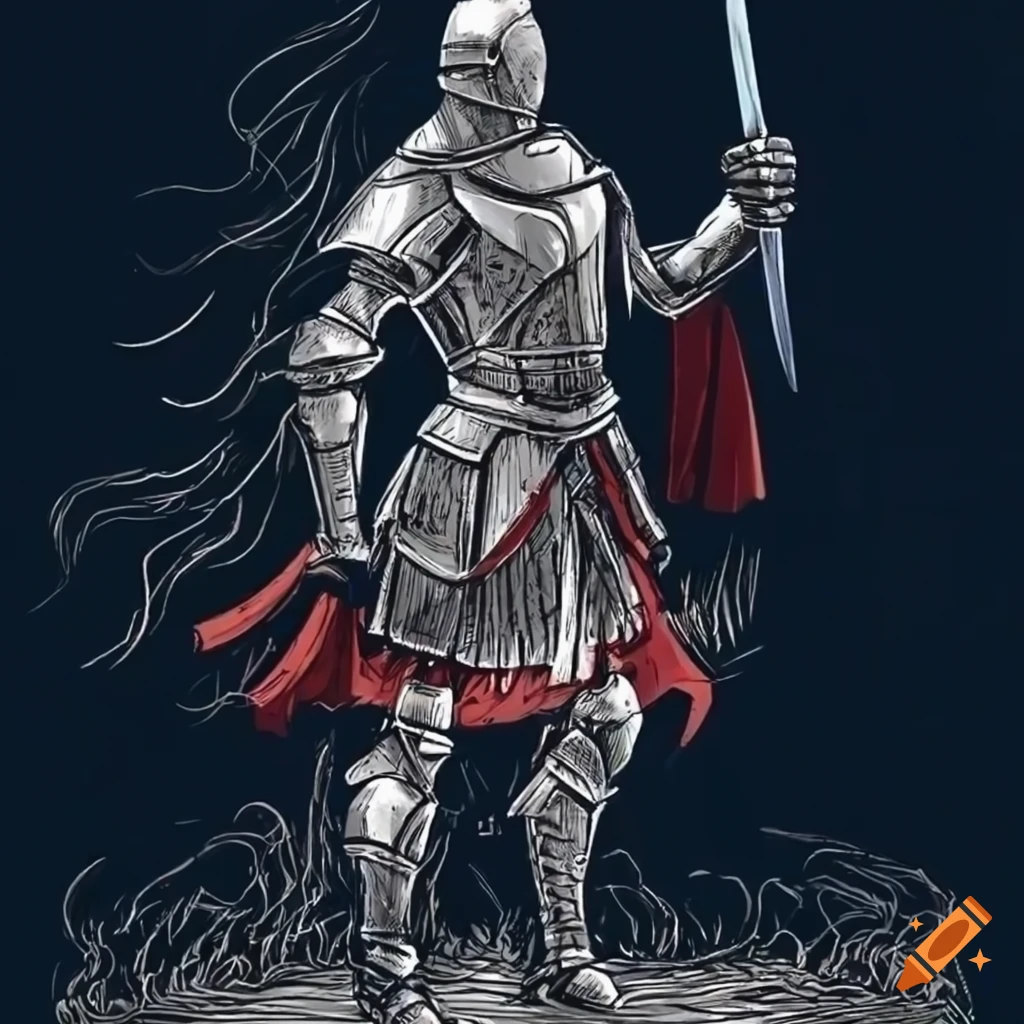 Epic hero in full body armor with sword ready for battle in side view ...