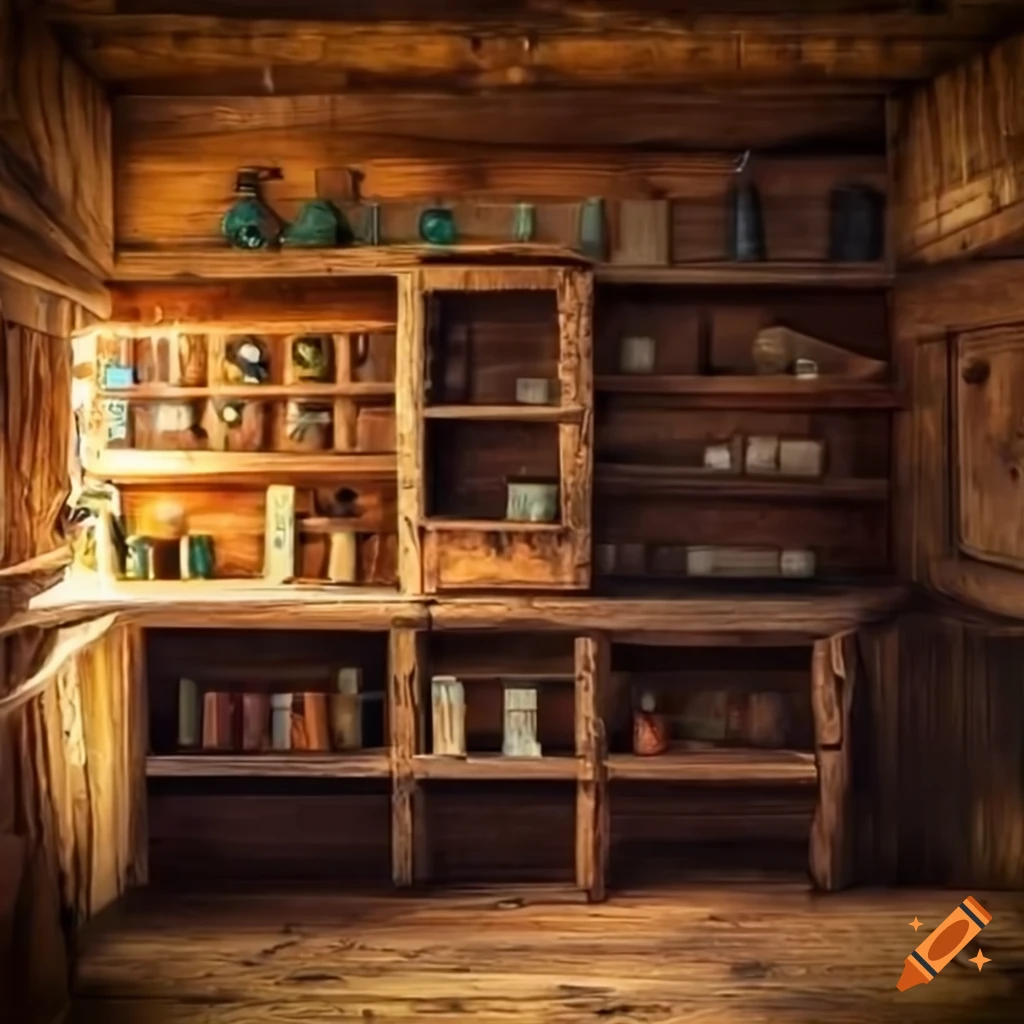 Old simply furnished medical treatment room with shelves of bottles and ...