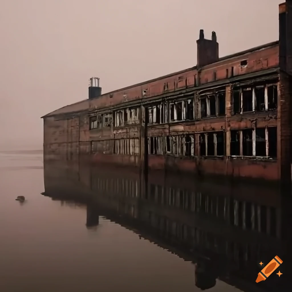 Abandoned edwardian factory buildings sinking into black ocean in a ...