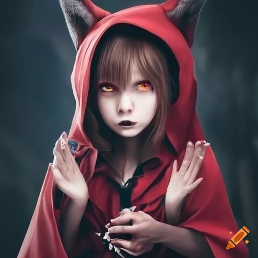 Artistic portrayal of Little Red Riding Hood with wolf ears, eyes, and ...