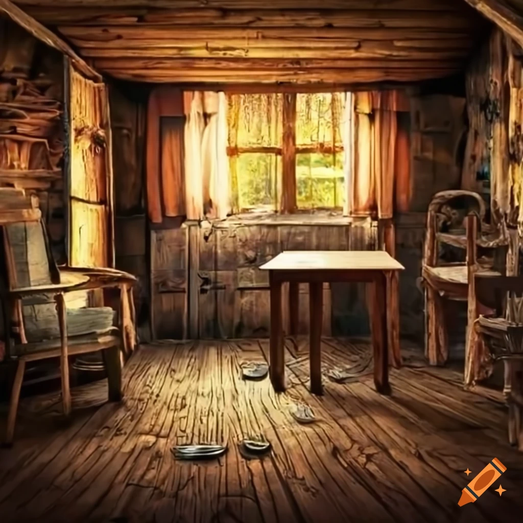 Interior of an old magical wooden hut with a simple furnishings and ...