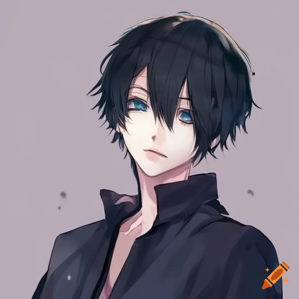 Anime boy with short fluffy black hair and pale blue-green eyes on Craiyon