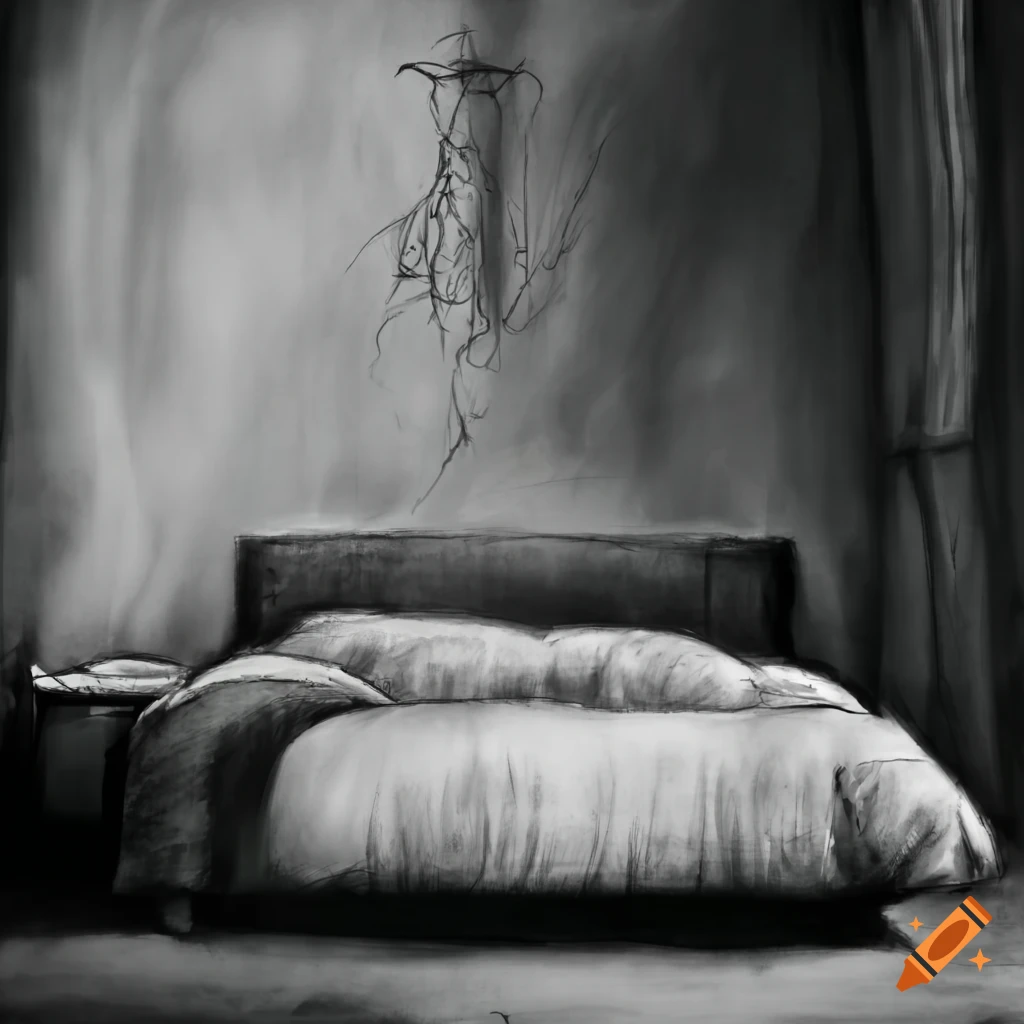 Charcoal sketch of an unmade bed in a bedroom with dark hallways on Craiyon