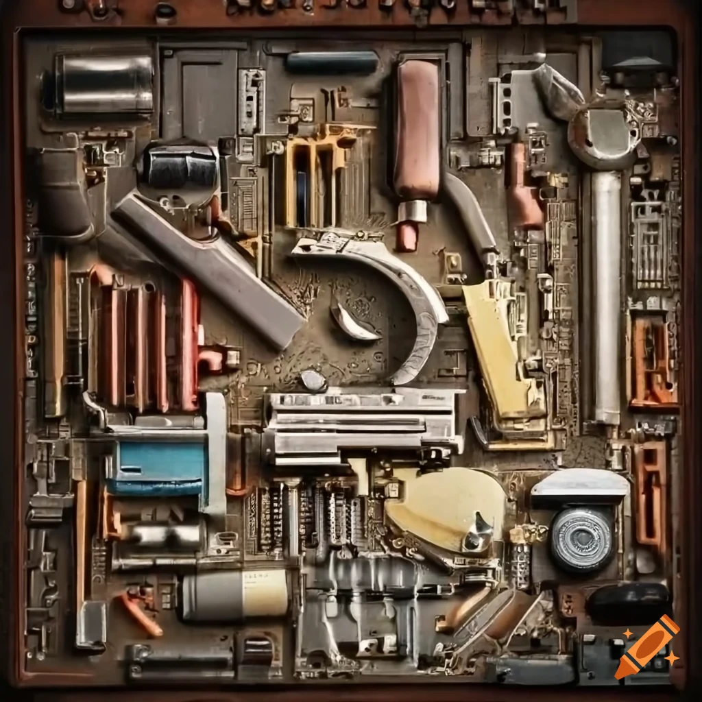 Bas relief of disassociated industrial tools and electronics on Craiyon