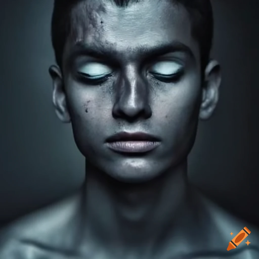 Portrait of a young man with scars on his face, dark hair, and eyes on ...