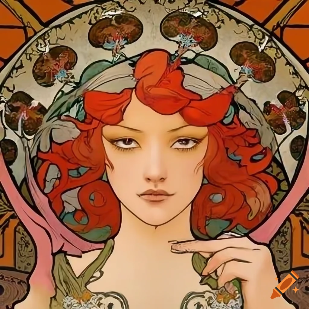 Dating sim cover art in art nouveau style by alphonse mucha on Craiyon