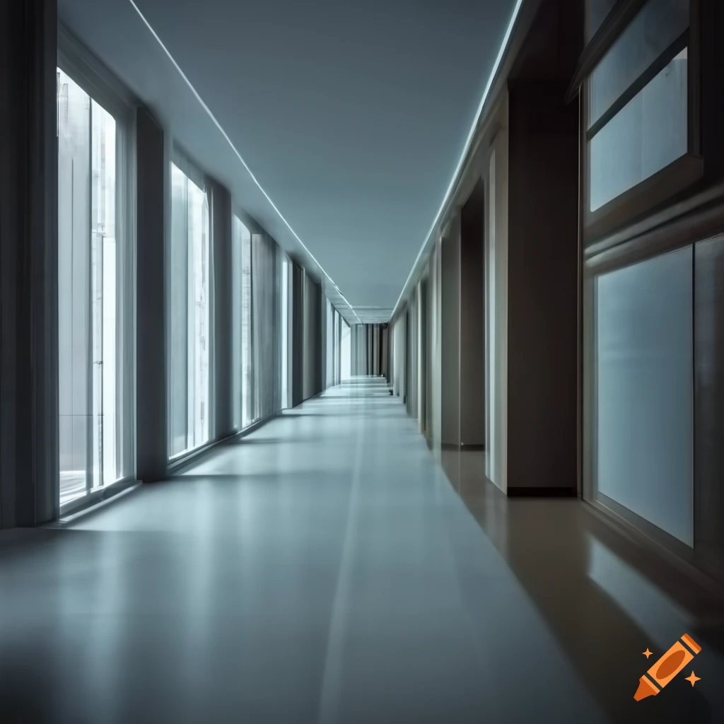 Empty office building hallway with reflections on Craiyon