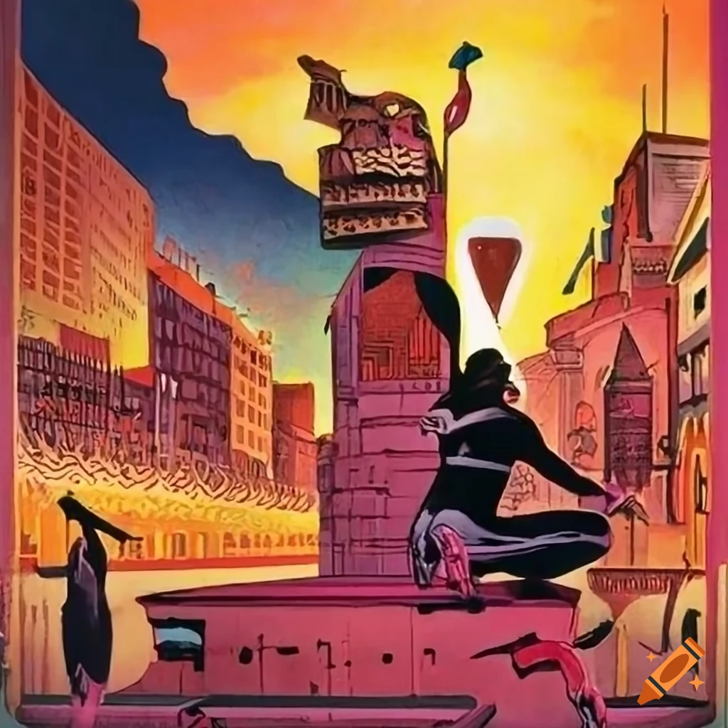 Streets, lampposts, lightning bolts with DC Comics covers, owls, crows ...