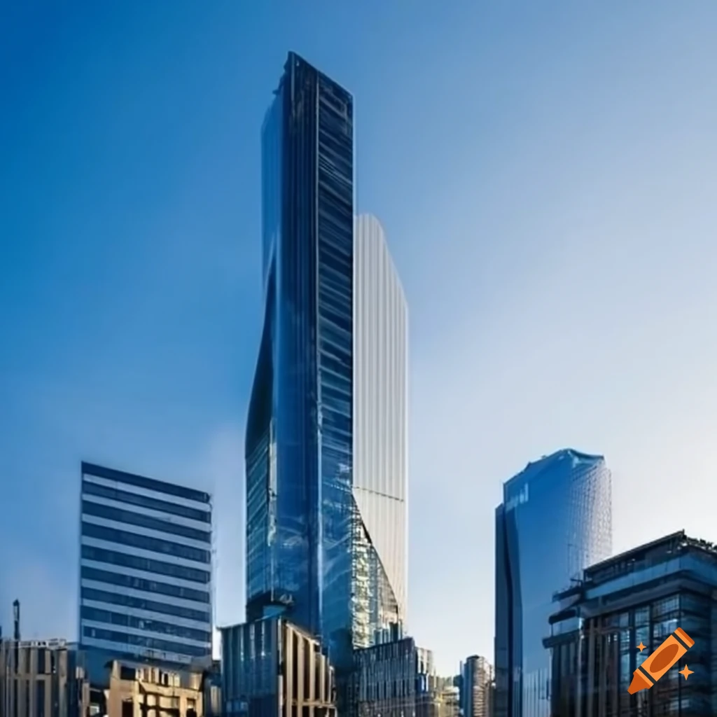 Futuristic 10-story high-tech building with glass elements and flat ...