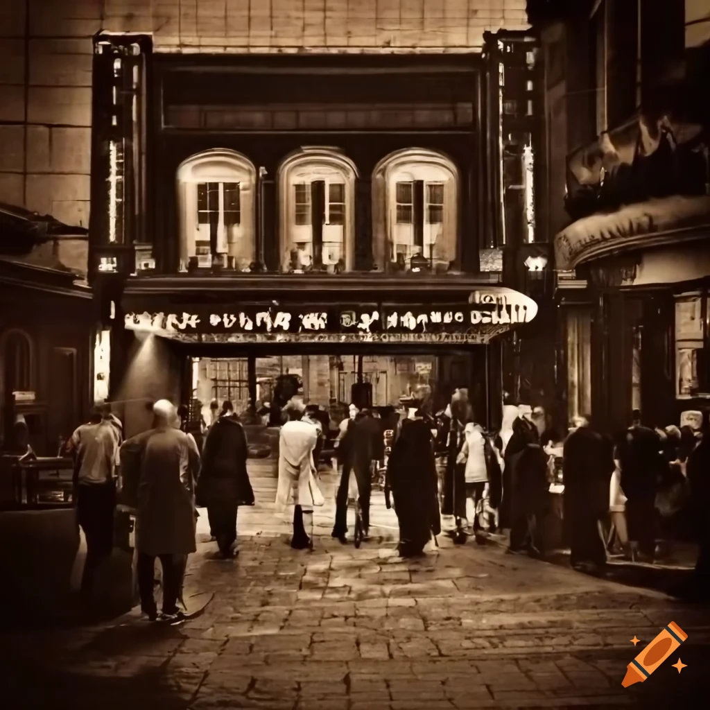 Sepia-toned crowd at a 1940s-inspired movie theater entrance on a rainy ...
