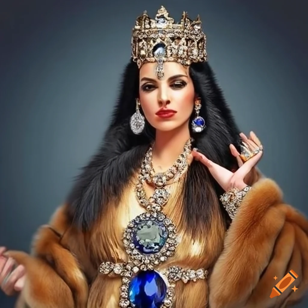 Moroccan queen in royal caftan and fur coat with elaborate jewelry on Craiyon