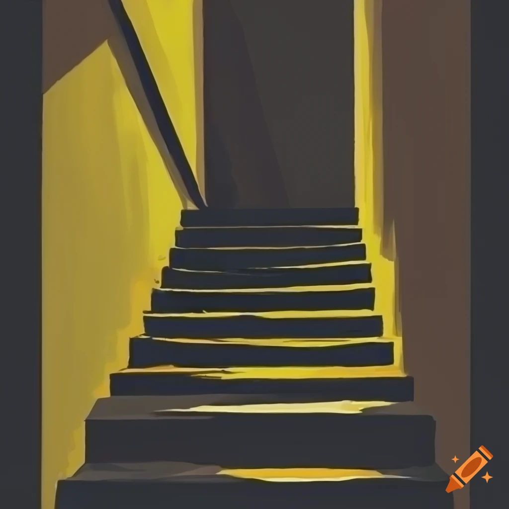 Monochromatic painting of unusually long stairs in the Backrooms on Craiyon