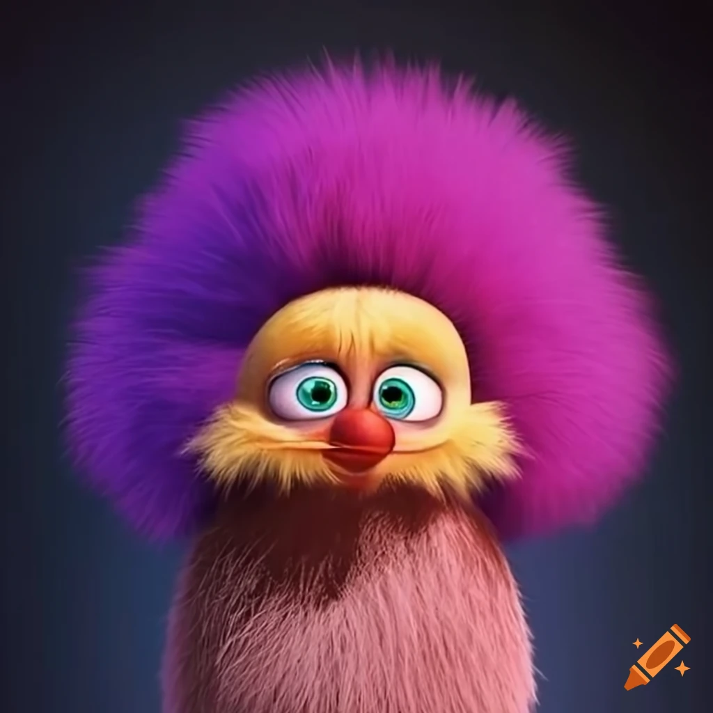 The Lorax dressed as a clown with space buns in his fur on Craiyon