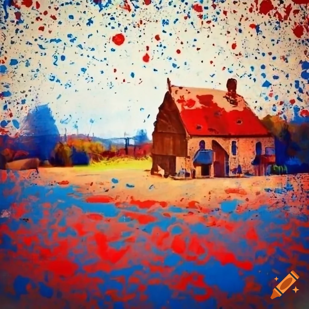 French countryside farm in splatter paint style with blue and red ...