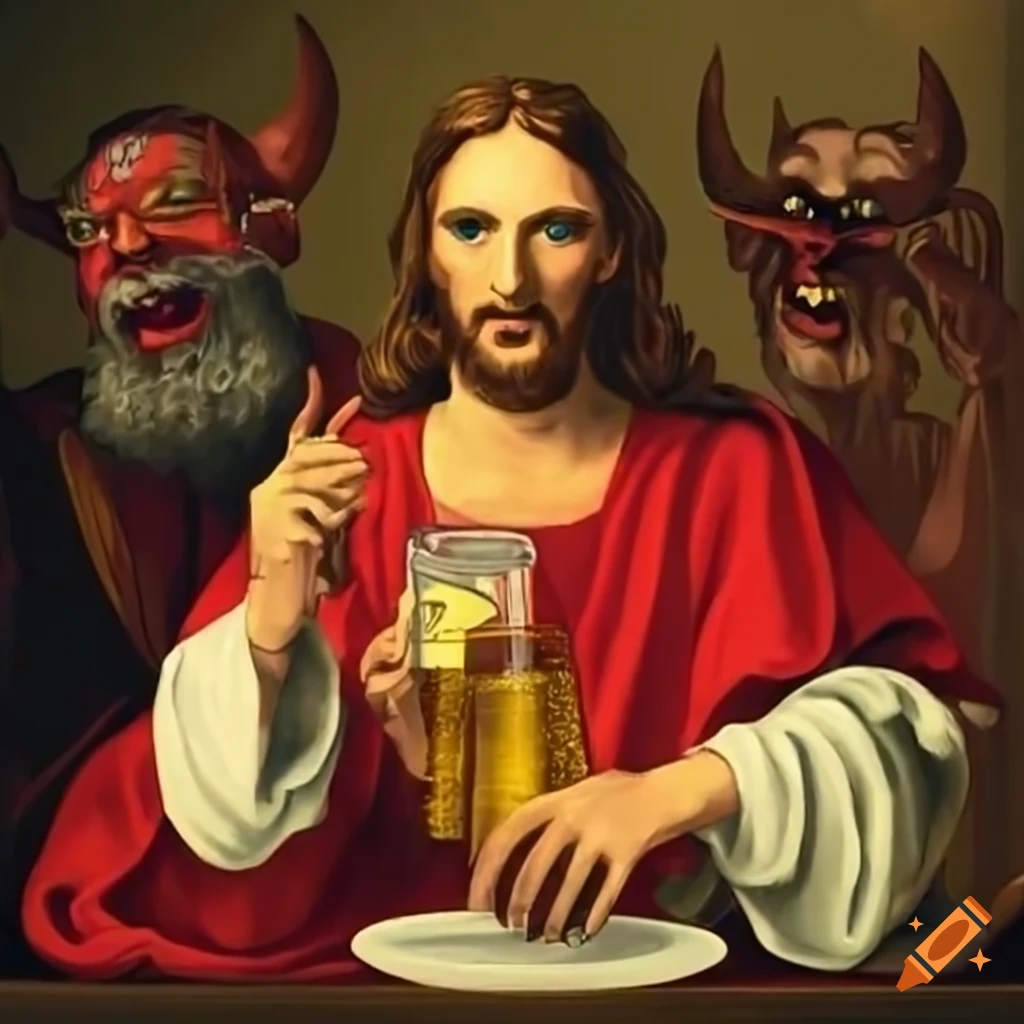 Religious satire: jesus and satan having a casual conversation on Craiyon
