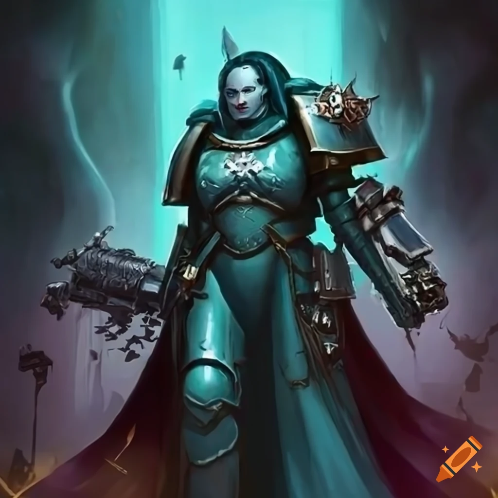 Woman in alpha legion 40k attire on Craiyon