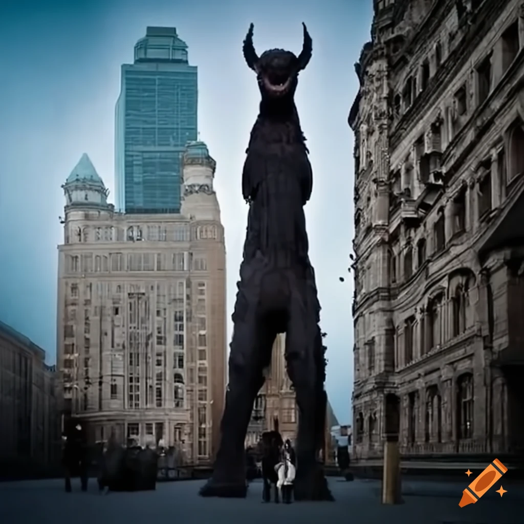 Tall monster walking over a city on Craiyon