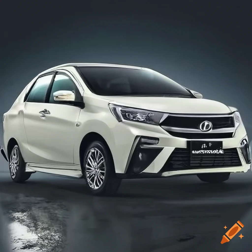 Polished ivory white perodua bezza car shining under the sun on Craiyon