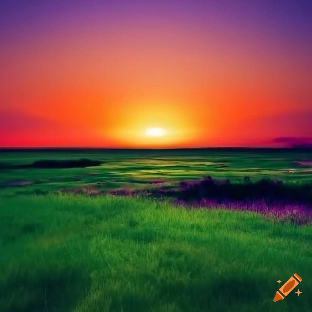 Grasslands and horizon with purple and orange sky on Craiyon