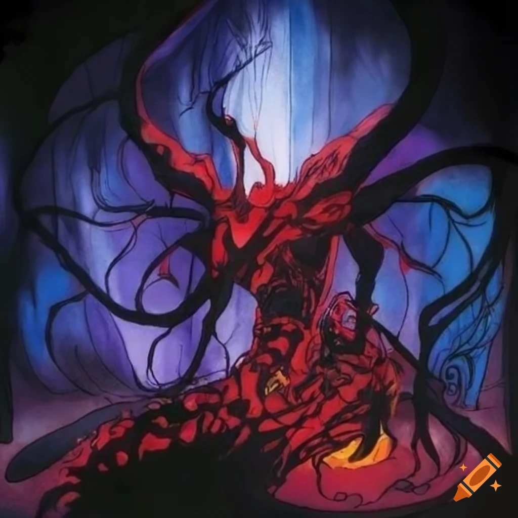 Typhon concept art by yoshitaka amano in volcanic red, blue, and purple ...