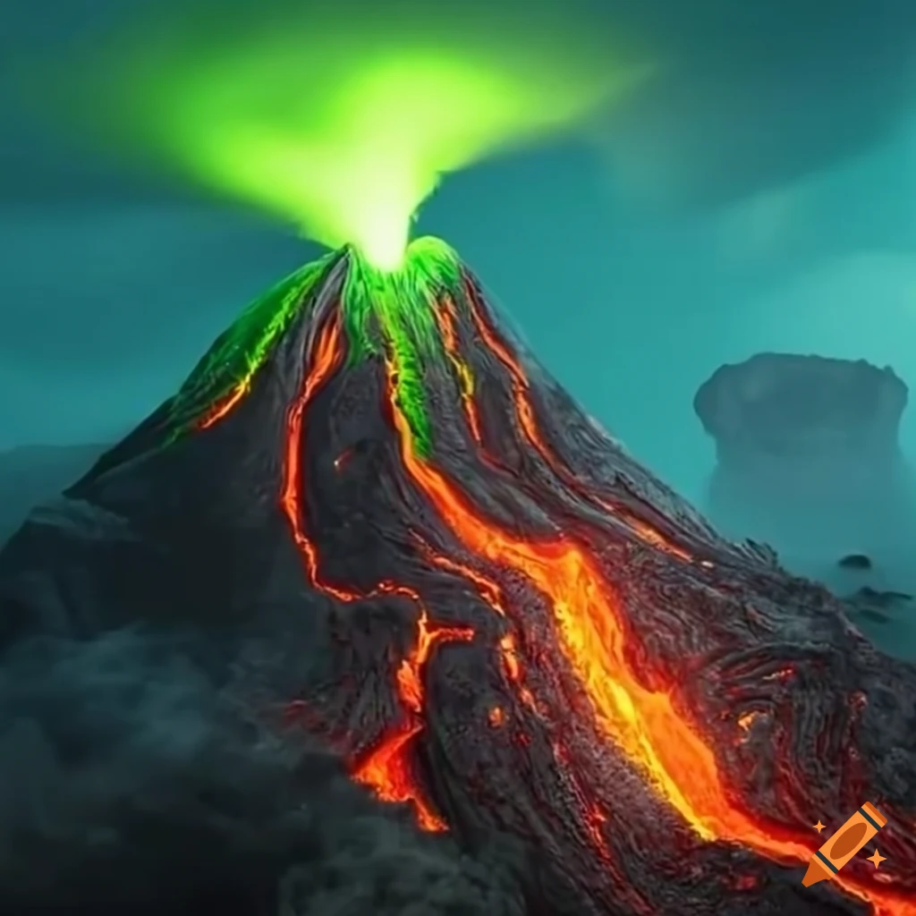 Volcano erupting green lava on an alien world on Craiyon