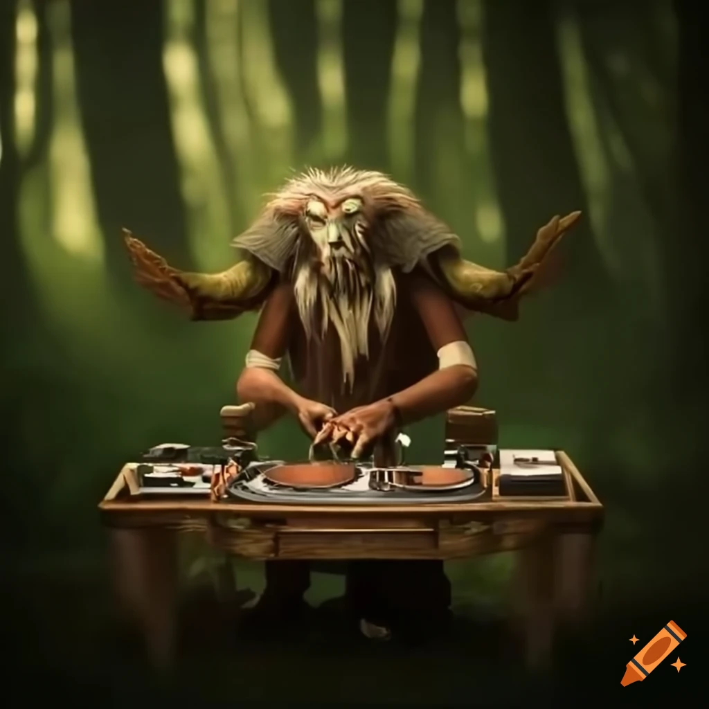 Druid DJ with turntables and speakers in a forest setting on Craiyon