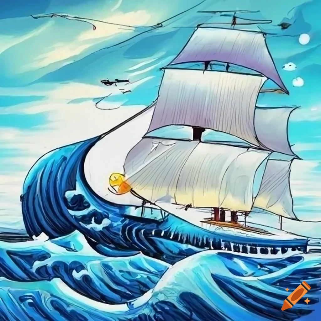 Comic drawing of a seagull, ship, waves, wind, storm, and sun during ...