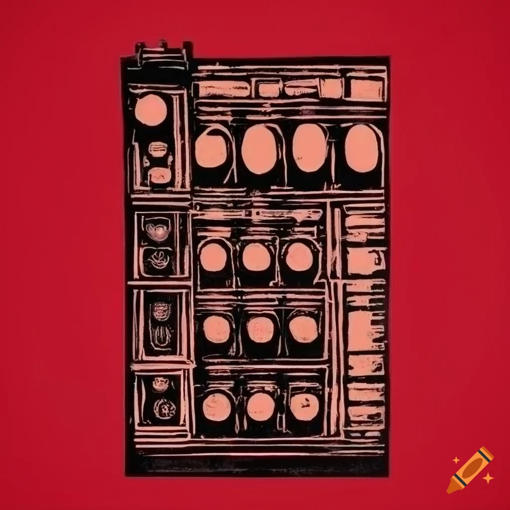 Modular synthesizer in front of a light red background in a linocut ...
