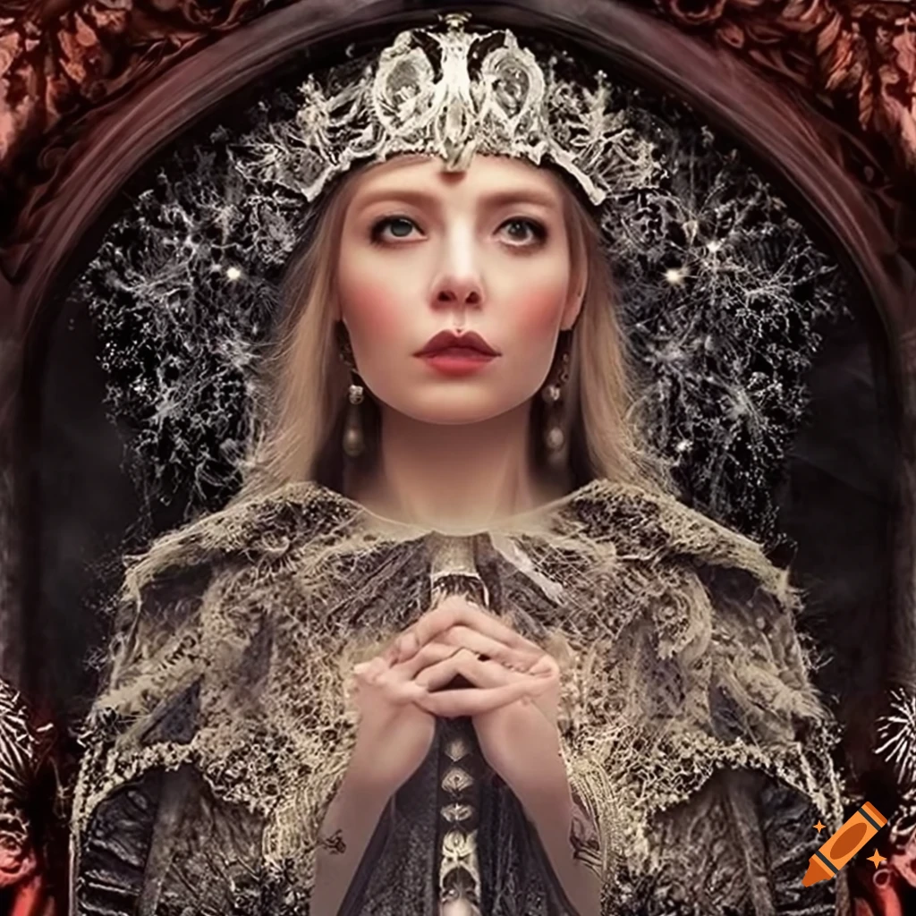 Wintry forest with snowflakes in elegant medieval classic style for Winter Queen album cover on ...