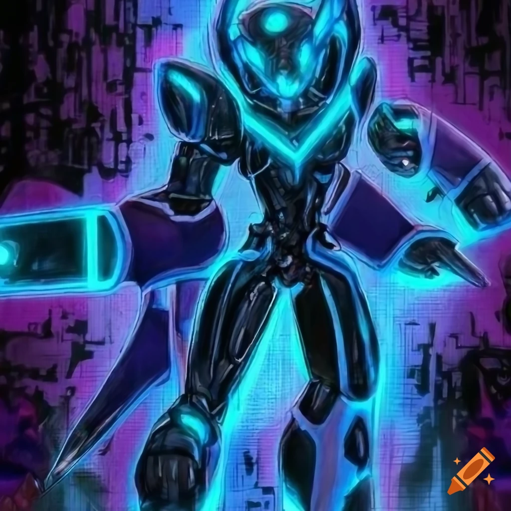 Yugioh card art of a cyborg blue neon warrior on Craiyon