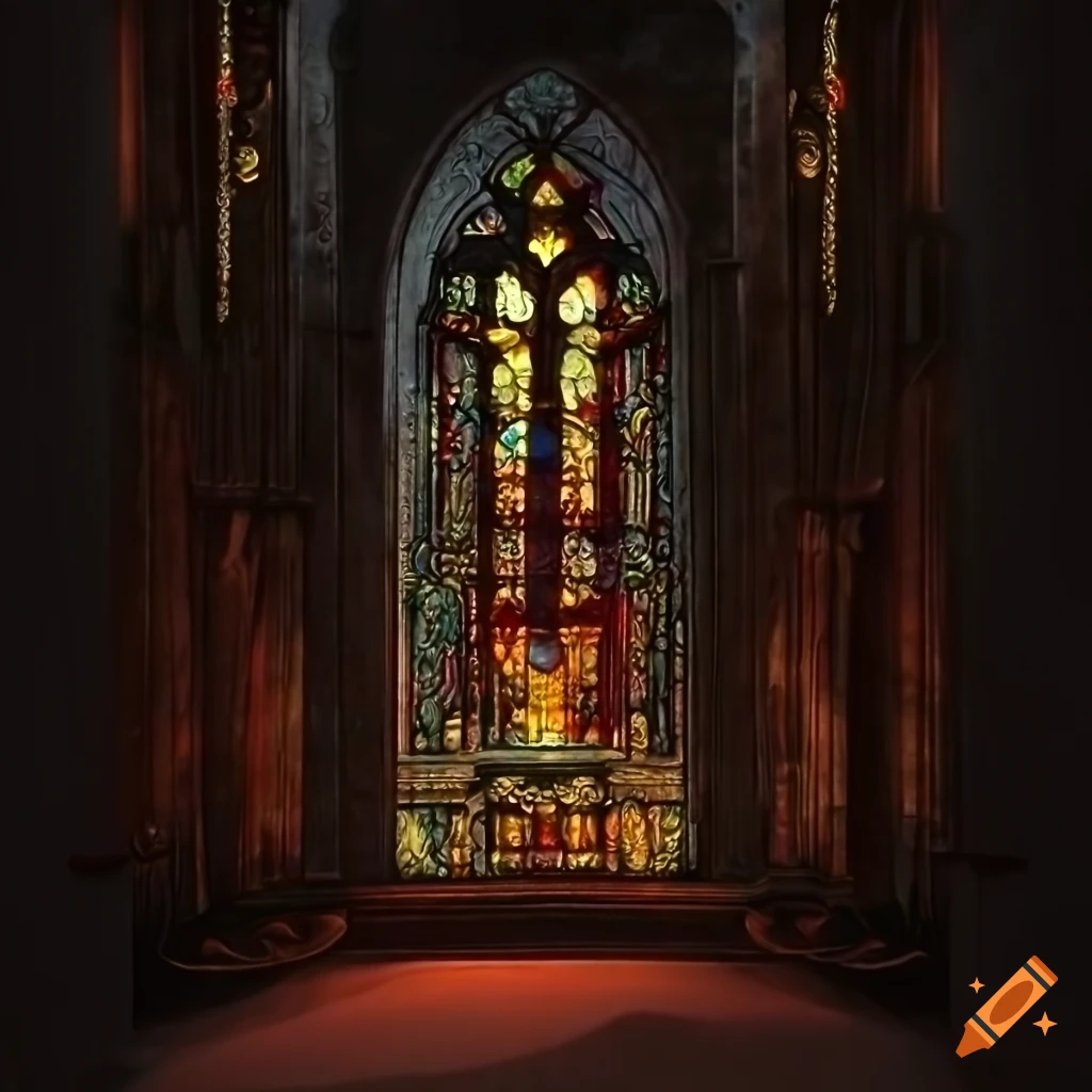 Castle room with large stained glass windows in a haunted and spooky ...